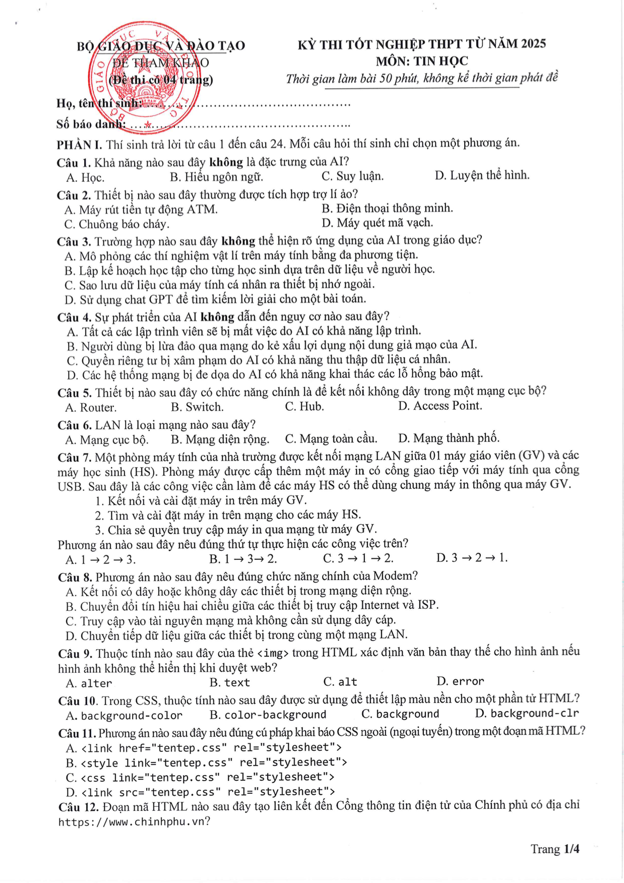 Đề tham khảo thi tốt nghiệp THPT 2024-2025 môn Hoá Học - How To 60s
